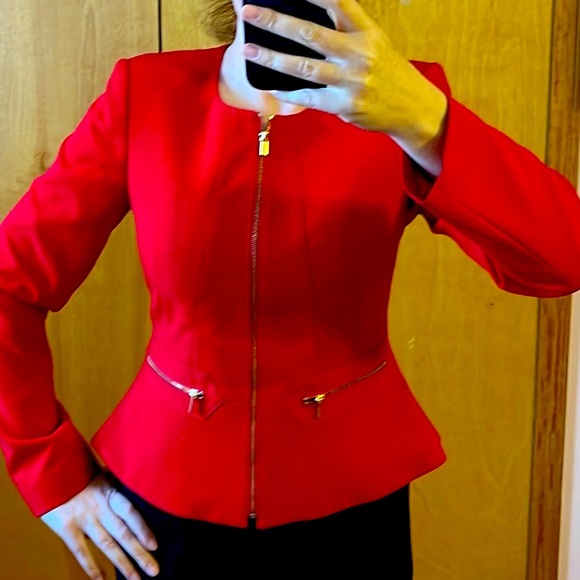 Calvin Klein | Jackets & Coats | Calvin Klein Red Fitted Collarless ...